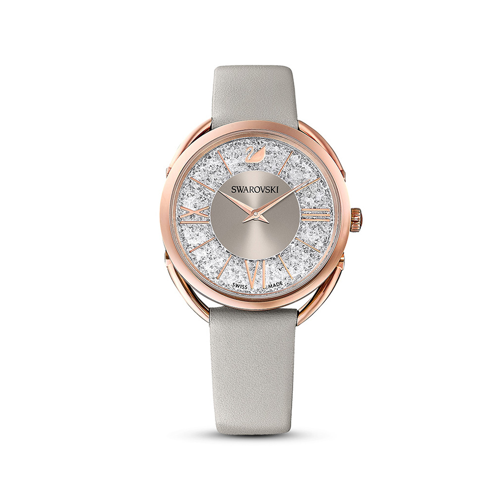 Reloj Crystalline Glam, correa de piel, Gris, PVD tono oro Rosa ...