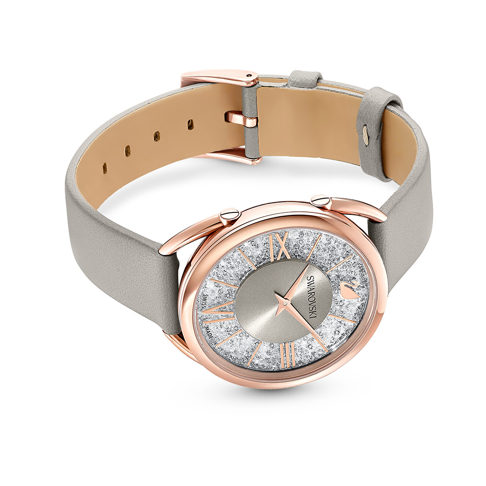 Reloj Crystalline Glam, correa de piel, Gris, PVD tono oro Rosa ...